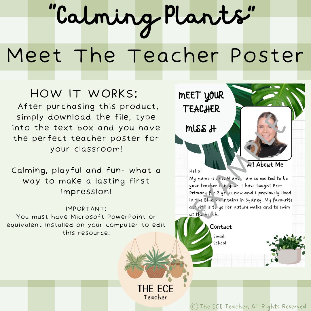 Meet the Teacher Poster DIGITAL CALMING PLANTS Classroom Decor Editable ...