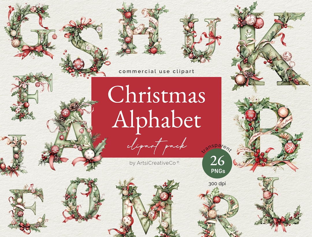 Christmas Alphabet Letters Clipart PNG Bundle, Alphabet Clipart ...