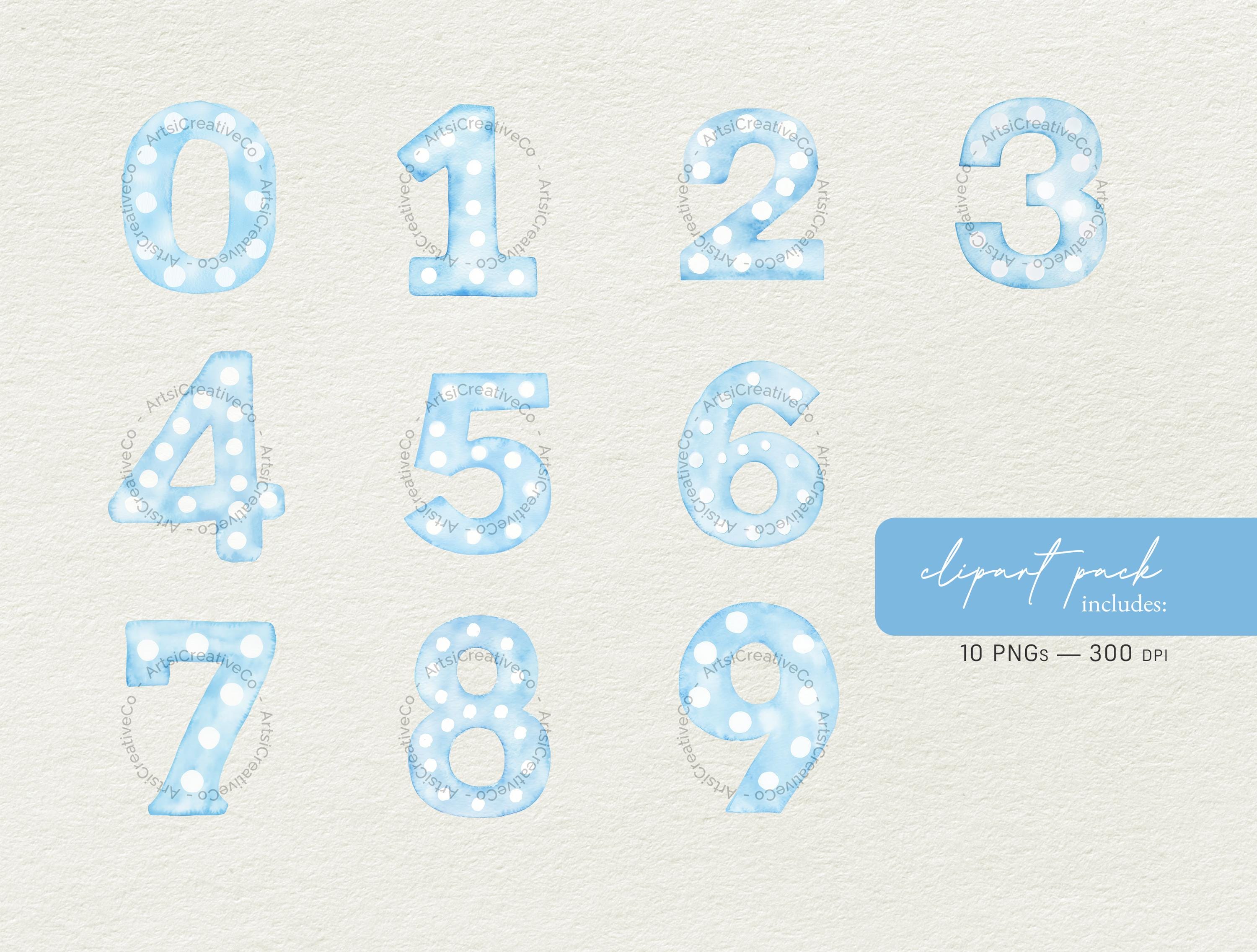 Baby Boy Watercolor Numbers Clipart Bundle Pastel Blue Polka Dot ...