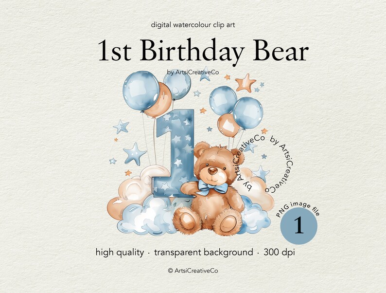 Teddy Bear Balloon 1st Birthday PNG, First Birthday Sublimation Design ...