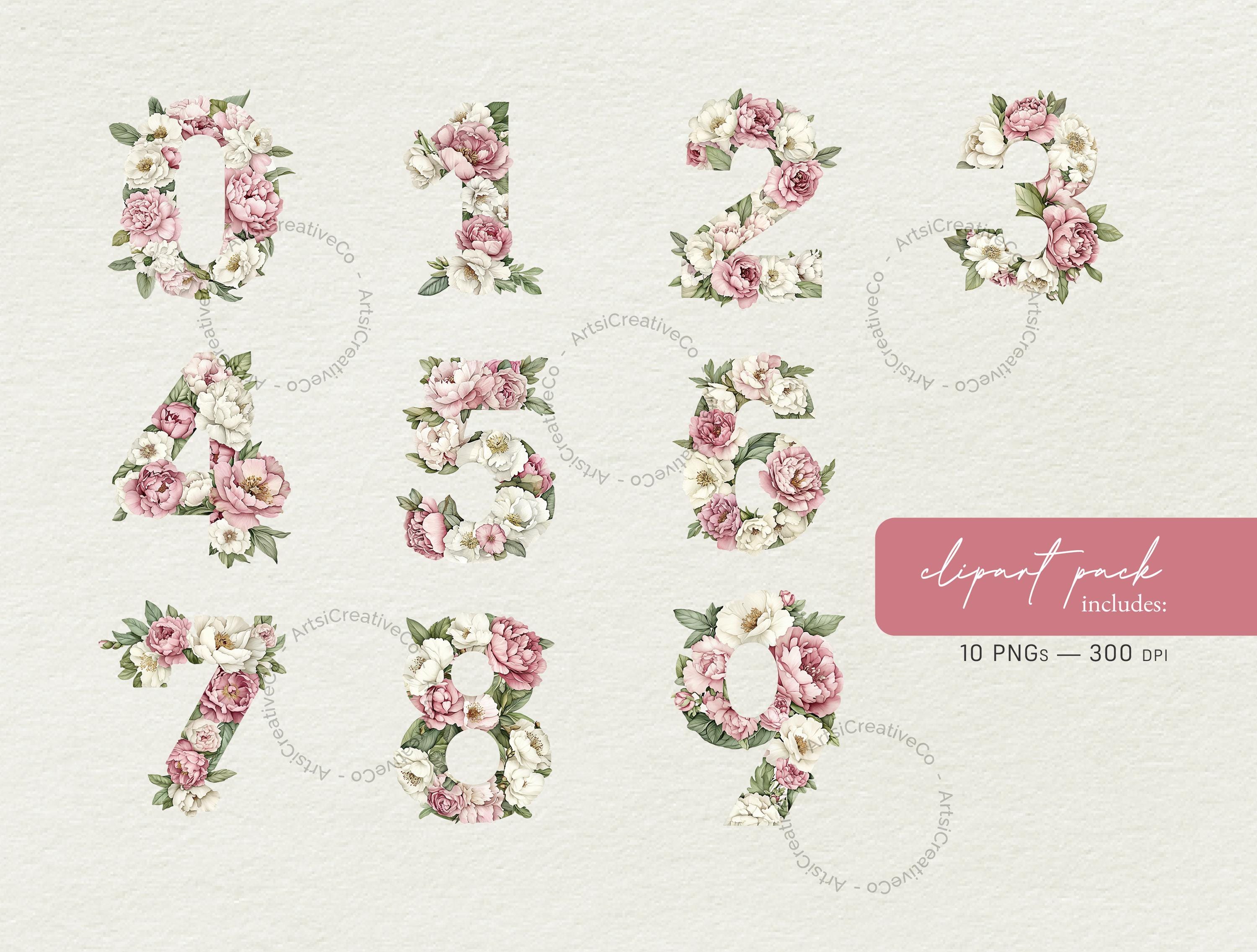 Peony Numbers Clipart PNG - Floral Numbers for Invitations, Weddings ...