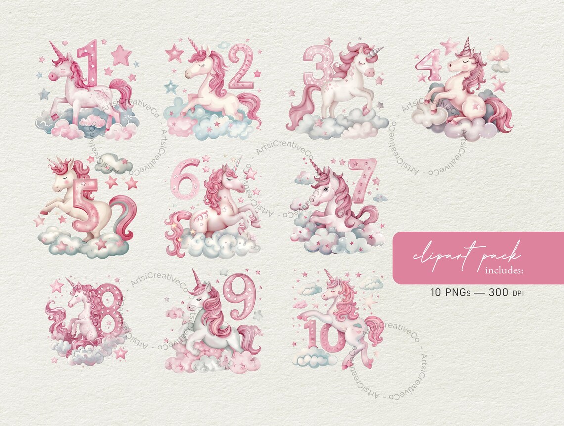 Numbers Children Birthday Nursery Age Clipart PNG Bundle, Unicorn ...