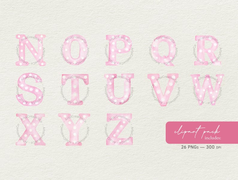 Baby Girl Alphabet Clipart PNG Set - Pastel Pink Polka Dot Letters A-Z ...