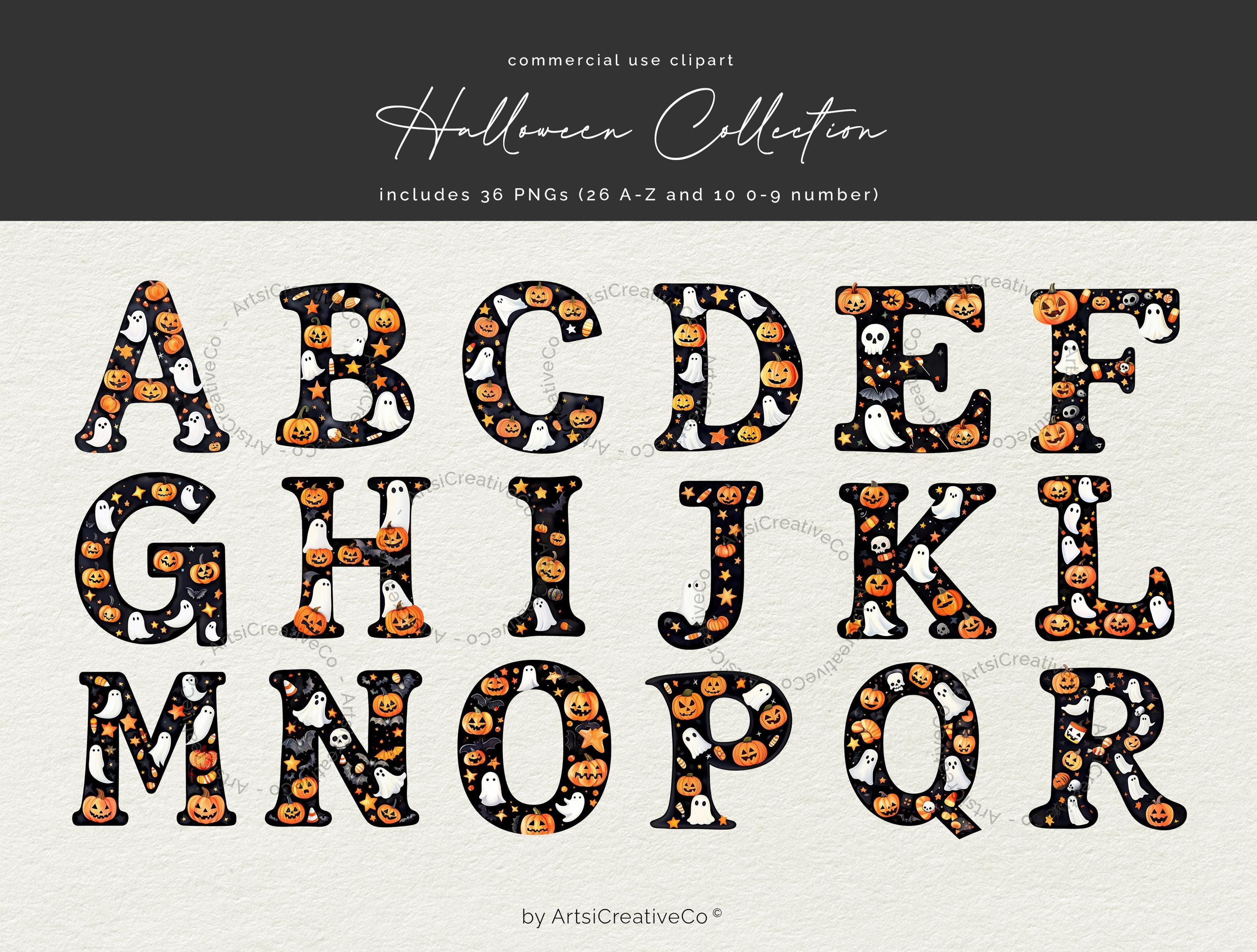 Halloween Alphabet Numbers Clipart PNG Bundle, Alphabet Clipart ...