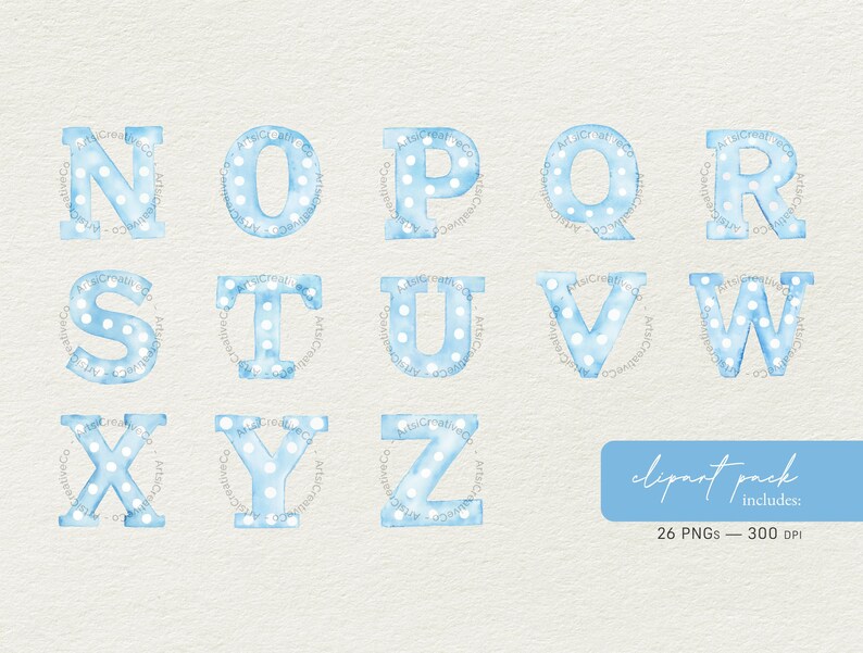 Baby Boy Alphabet Clipart PNG Set - Pastel Blue Polka Dot Letters A-Z ...