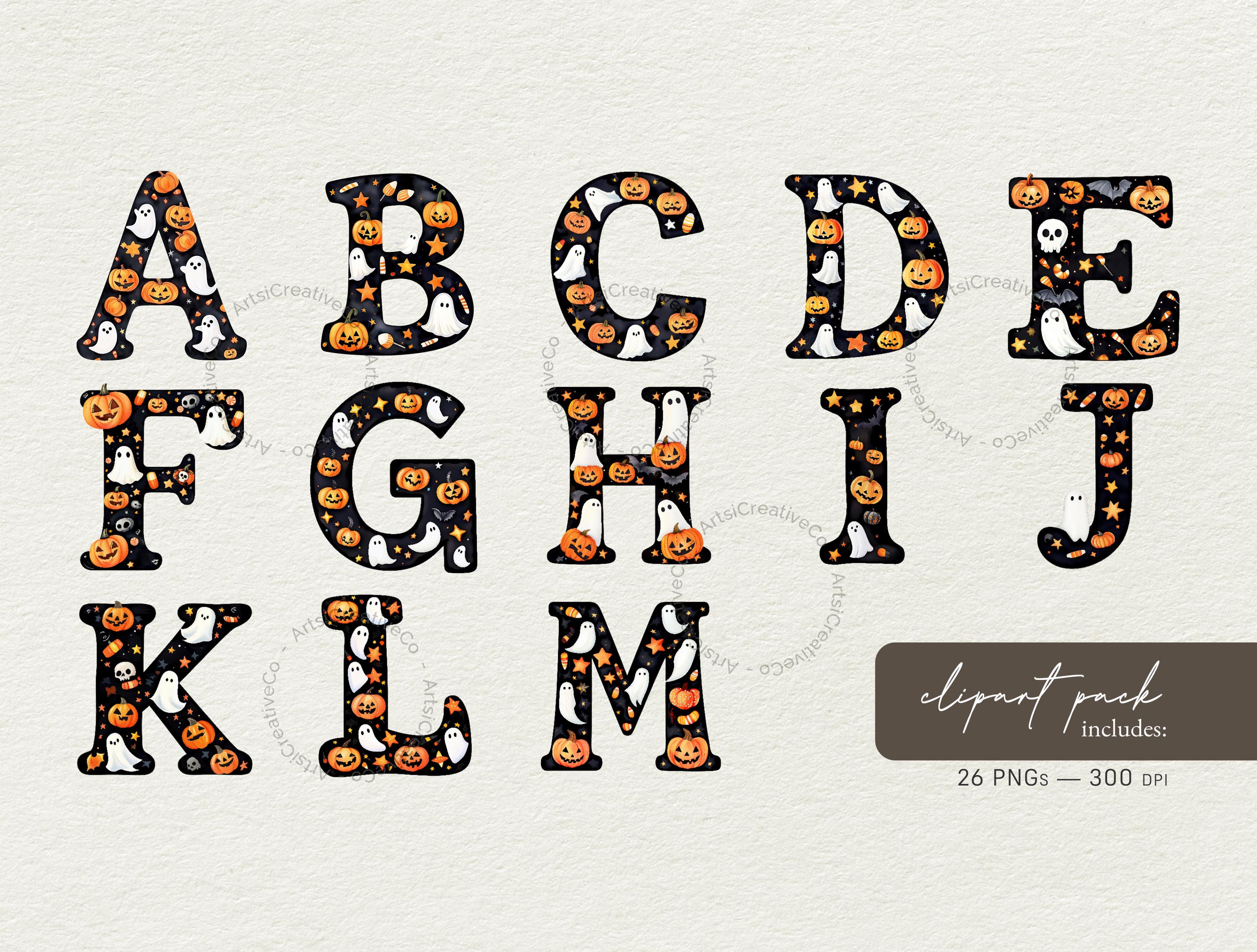 Halloween Alphabet Letters Clipart PNG Bundle, Alphabet Clipart ...