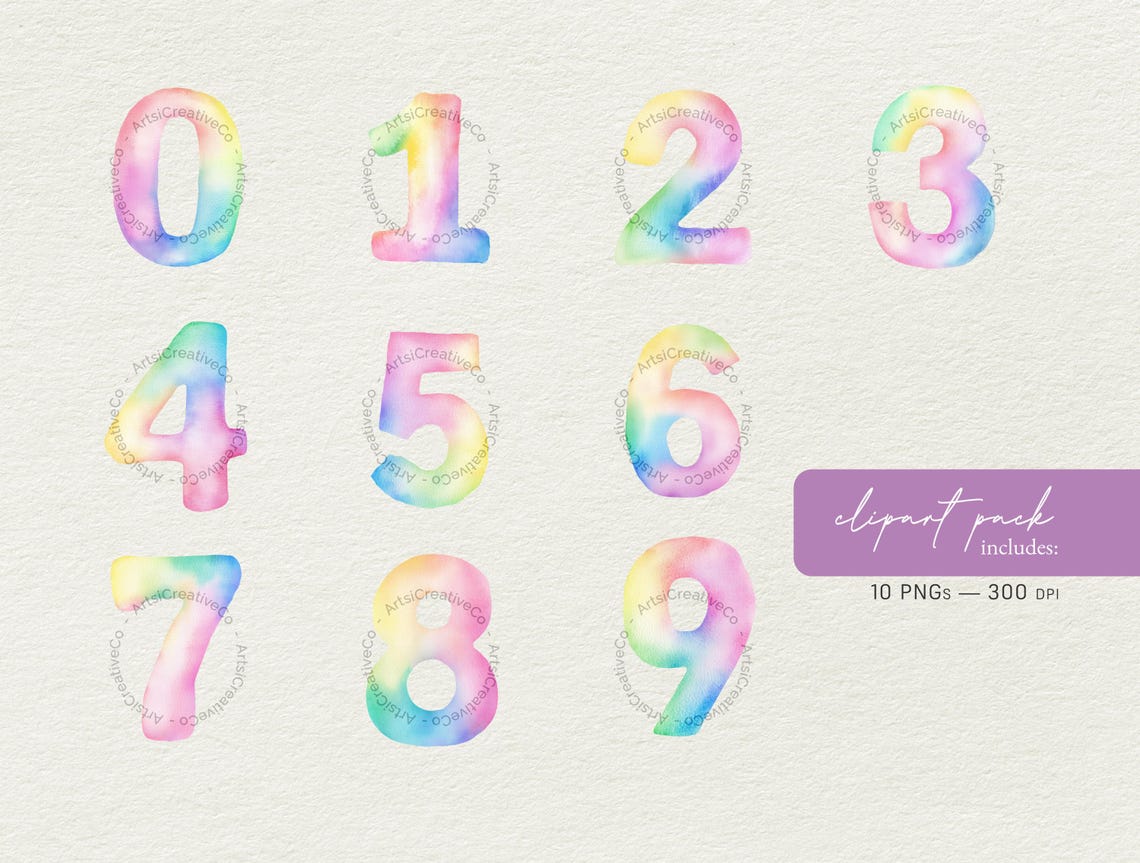 Rainbow Watercolor Numbers Clipart Bundle - Pastel Numbers PNG ...