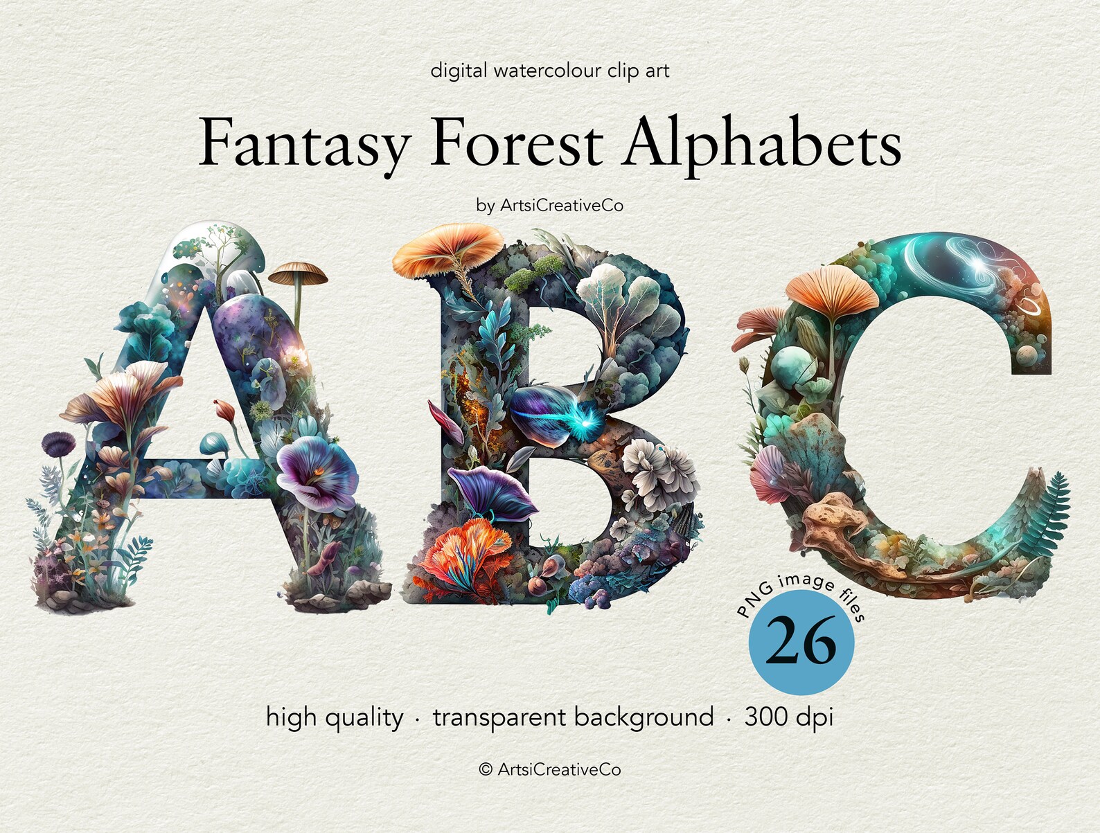 Fantasy Forest Floral Alphabets Letters Clipart PNG Bundle, 26 Floral ...