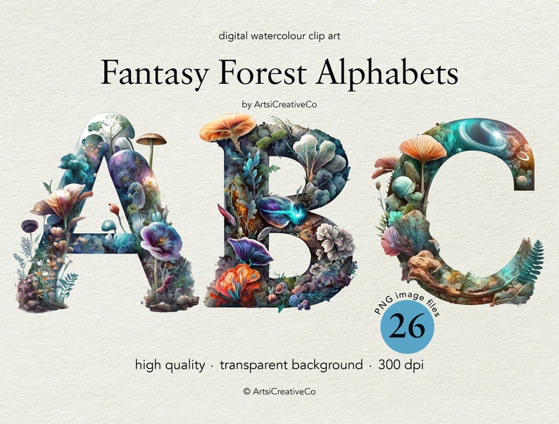 Fantasy Forest Floral Alphabet Letters Clipart PNG Bundle, Digital ...