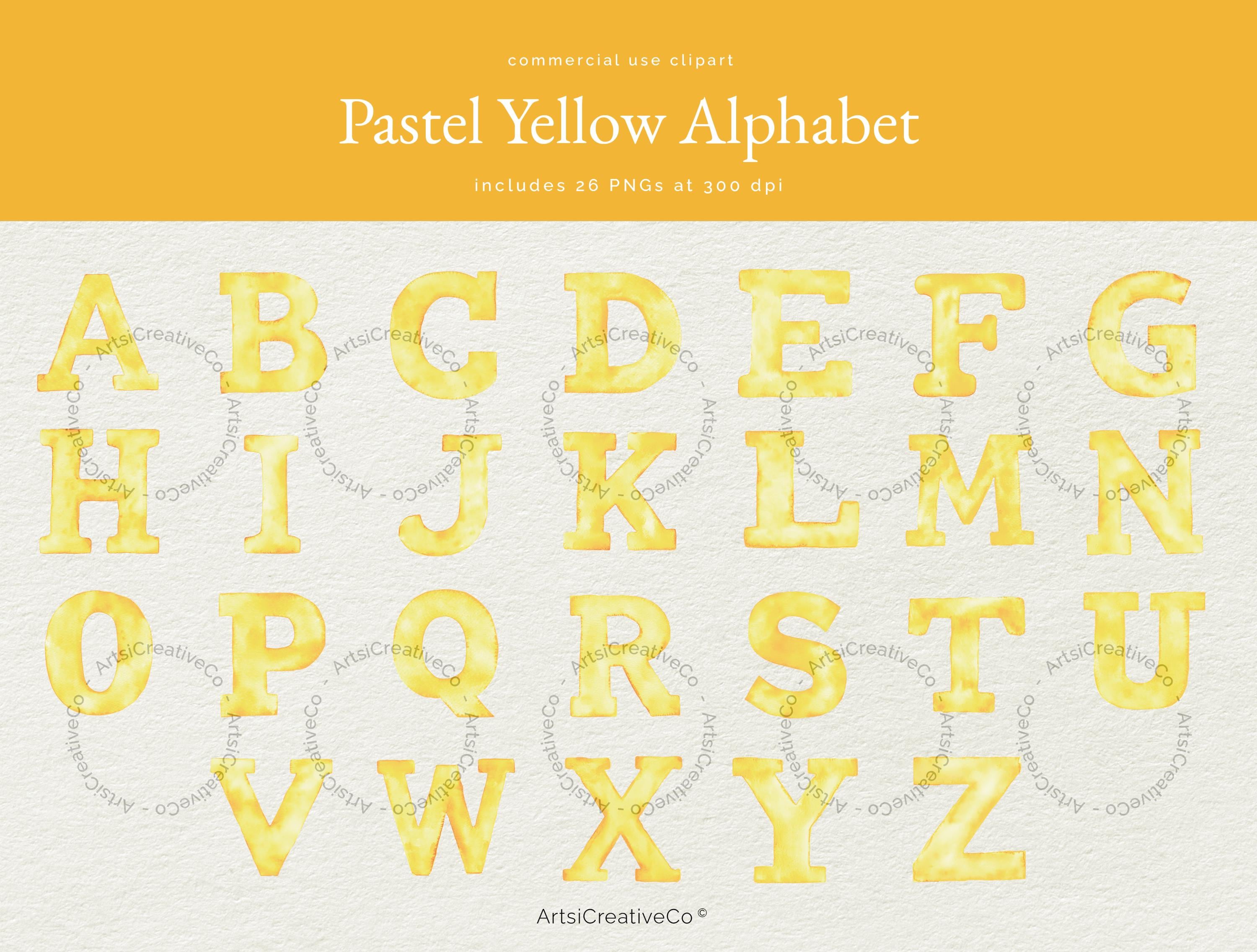 Pastel Yellow Alphabet Clipart, Watercolor Letters, Digital Alphabet ...