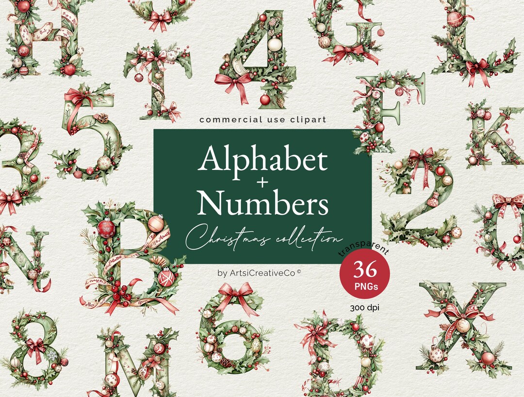 Christmas Alphabet and Christmas Numbers Clipart PNG Bundle, Alphabet ...
