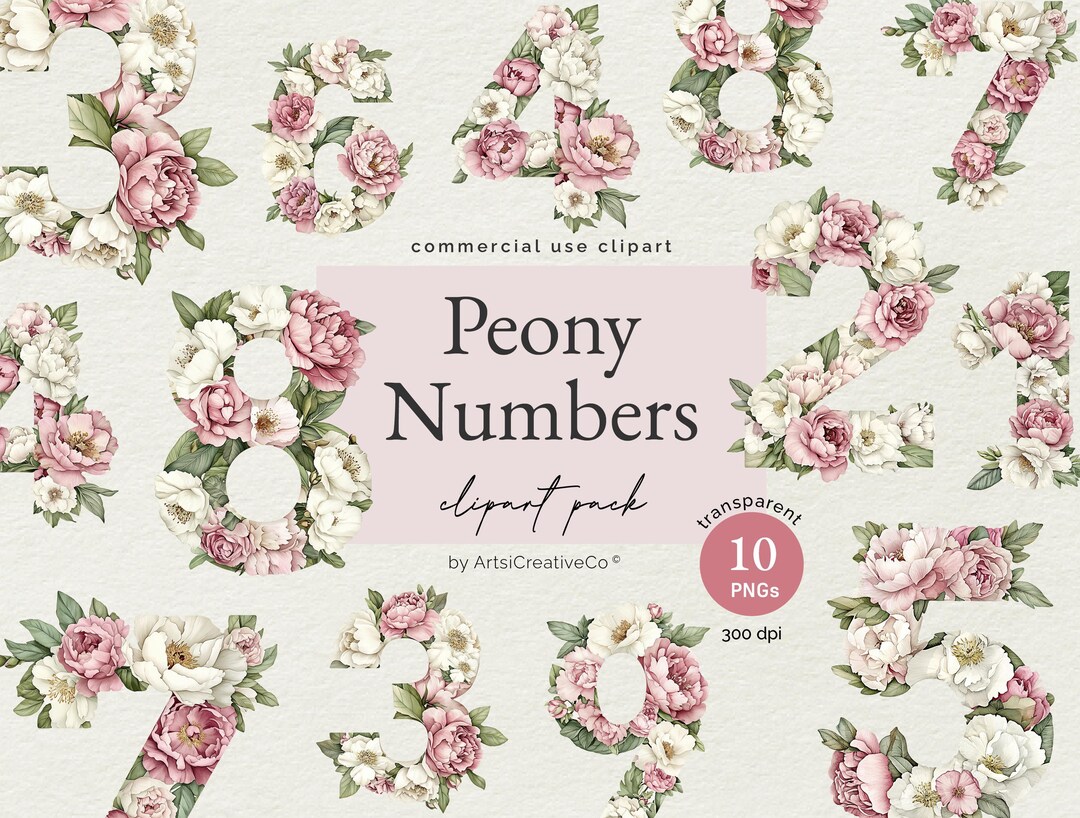 Peony Numbers Clipart PNG - Floral Numbers for Invitations, Weddings ...