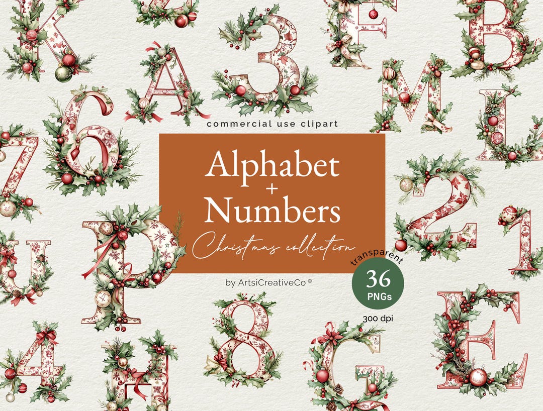 Christmas Alphabet and Christmas Numbers Clipart PNG Bundle, Alphabet ...