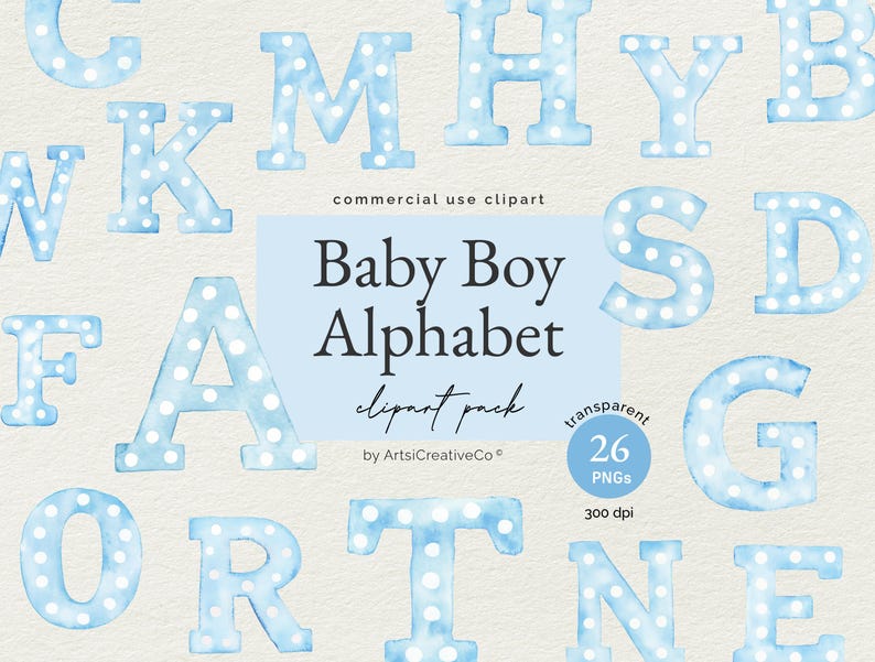 Baby Boy Alphabet Clipart PNG Set - Pastel Blue Polka Dot Letters A-Z ...