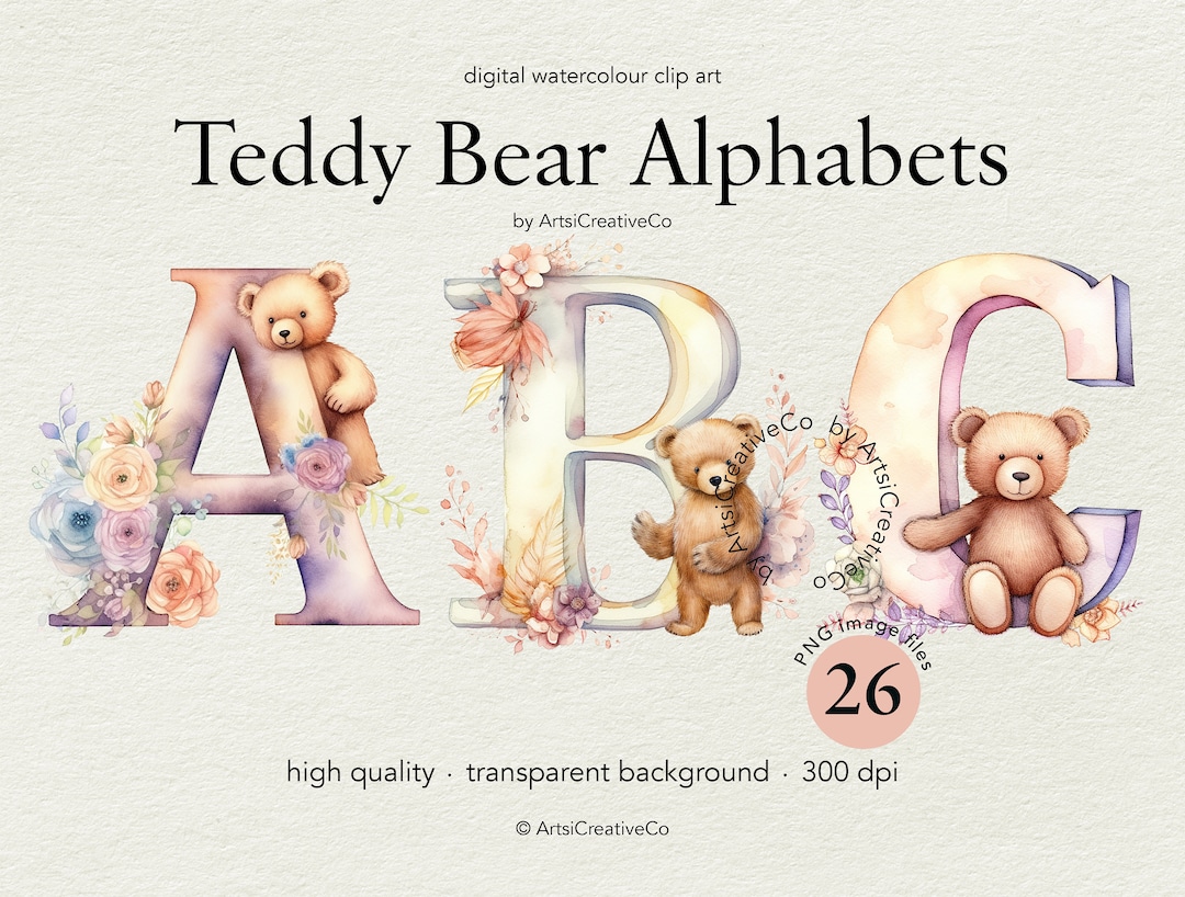Teddy Bear Floral Alphabet Letters Clipart PNG Bundle, Teddy Bear ...