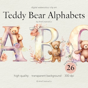 Teddy Bear Floral Alphabet Letters Clipart PNG Bundle, Teddy Bear ...