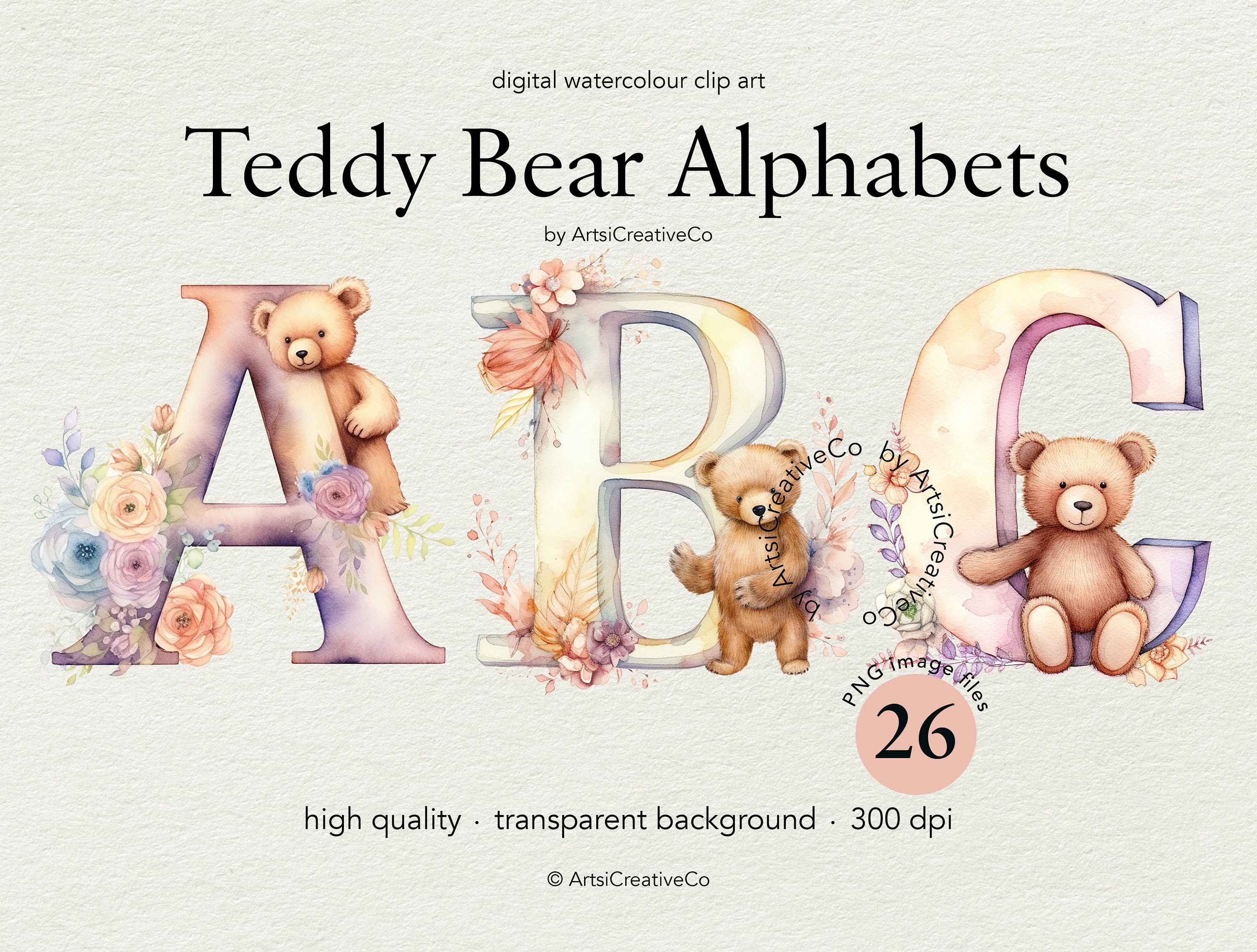 Teddy Bear Floral Alphabet Letters Clipart PNG Bundle, Teddy Bear ...