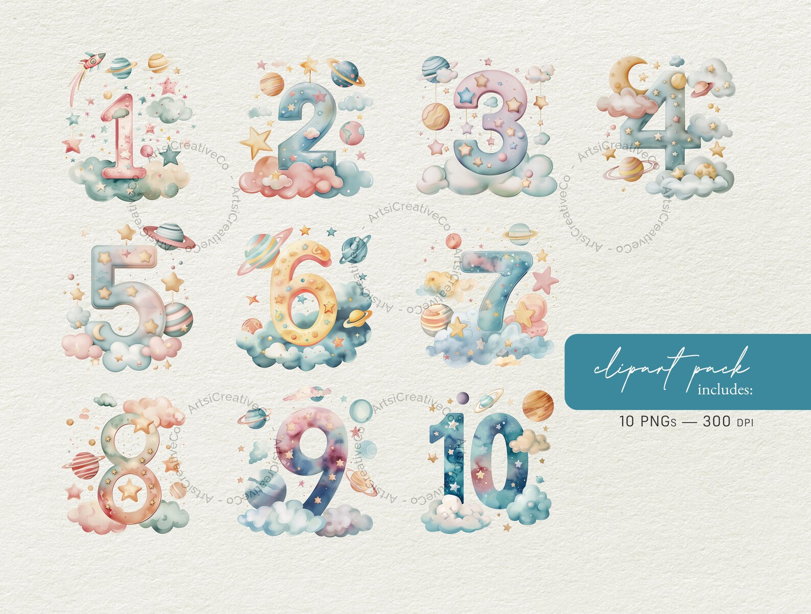 Numbers Children Birthday Nursery Clipart PNG Bundle, Aesthetic Numbers ...