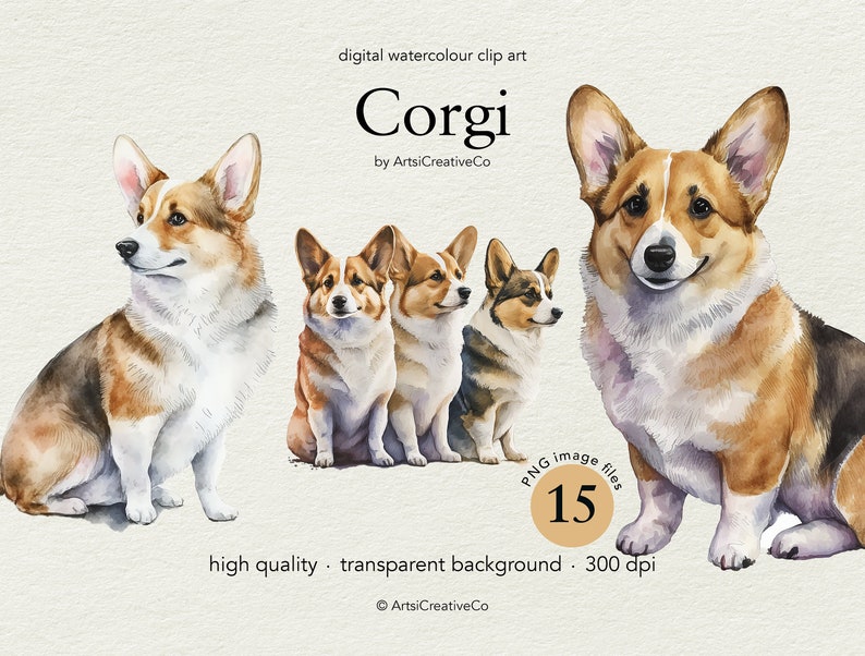 Corgi Dog Clipart PNG Bundle, Watercolor Dog Clipart Portrait, Prints ...