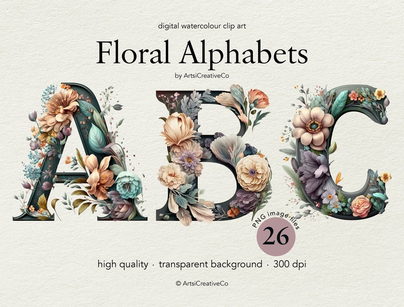 Floral Alphabets Letters Clipart PNG Bundle 26 Floral Letters - Etsy
