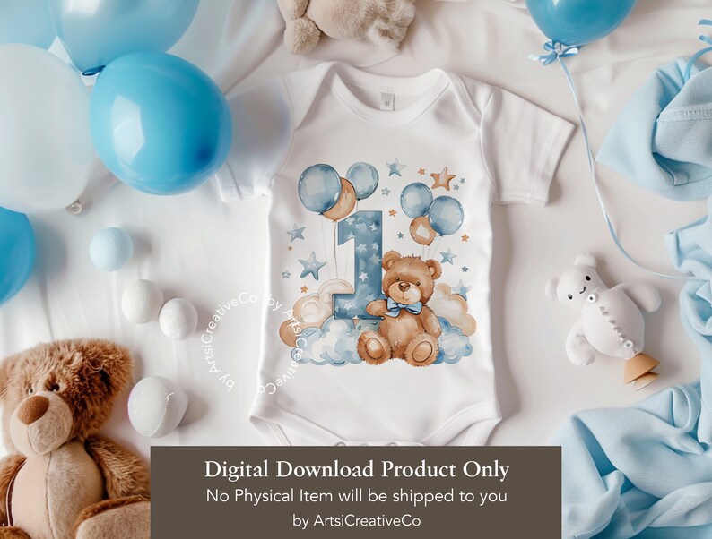 Teddy Bear Balloon 1st Birthday PNG, First Birthday Sublimation Design ...