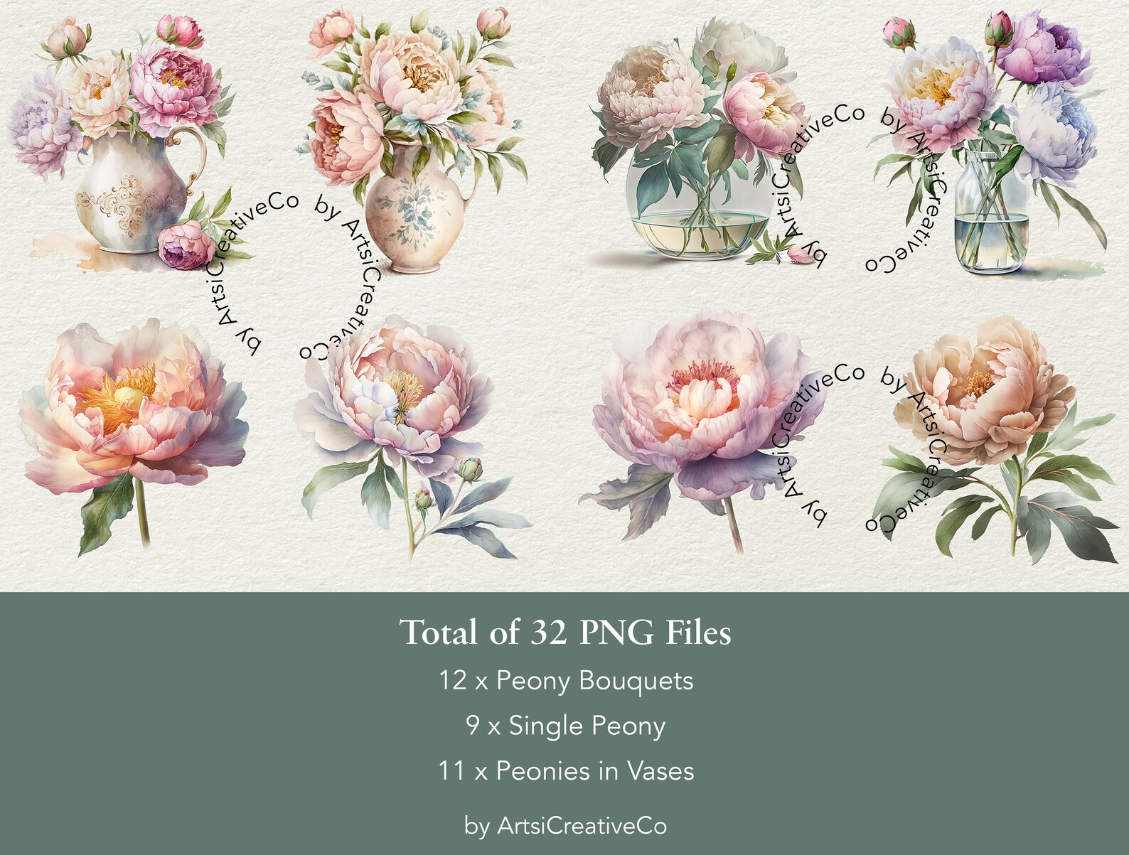 Peonies Full Clipart PNG Bundle, Watercolor Flowers Clipart Commercial ...