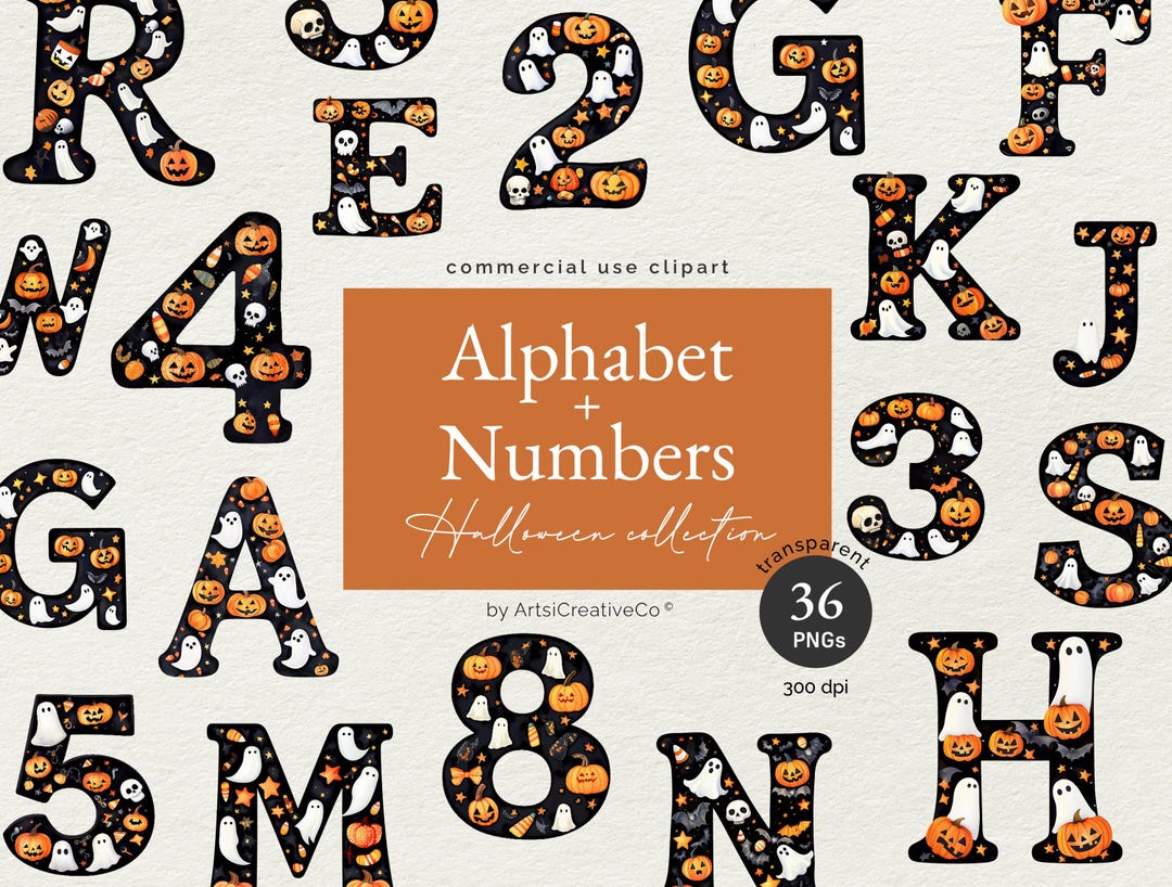 Halloween Alphabet Numbers Clipart PNG Bundle, Alphabet Clipart ...