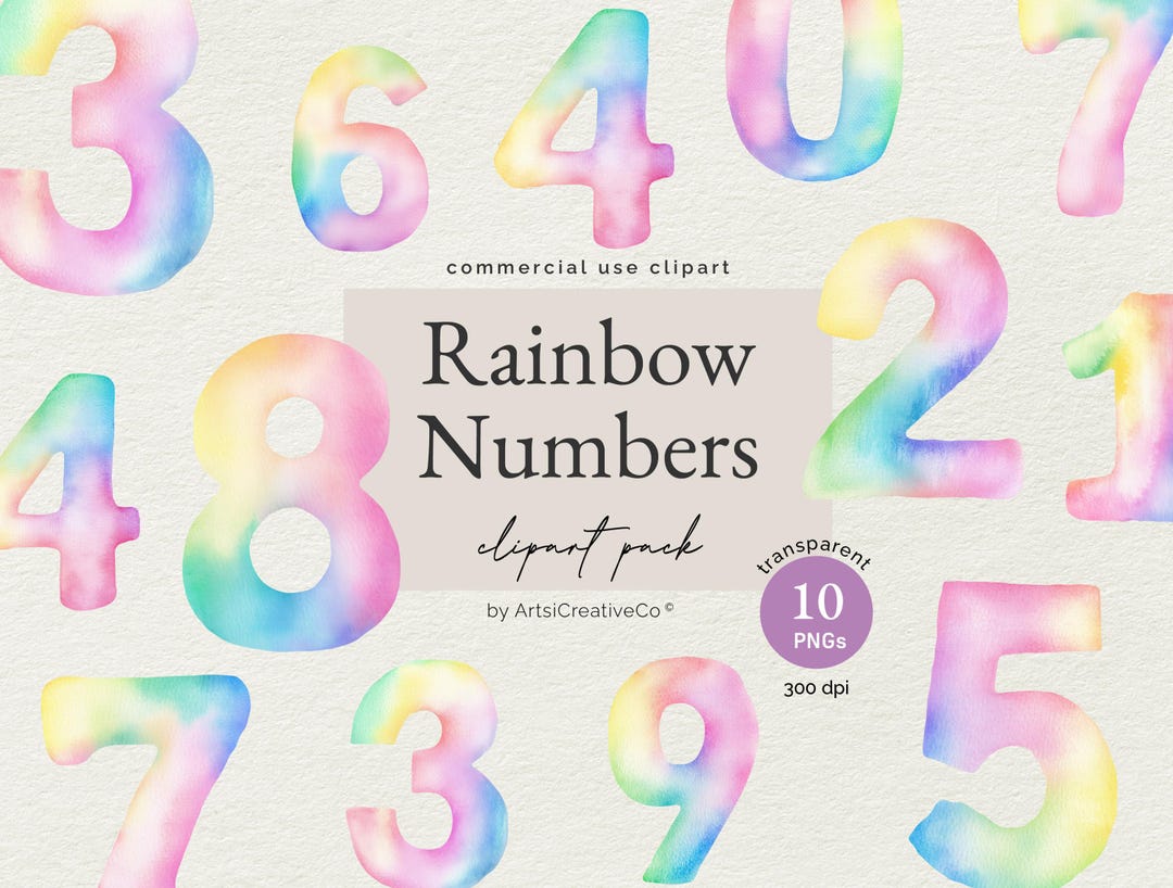 Rainbow Watercolor Numbers Clipart Bundle - Pastel Numbers PNG ...