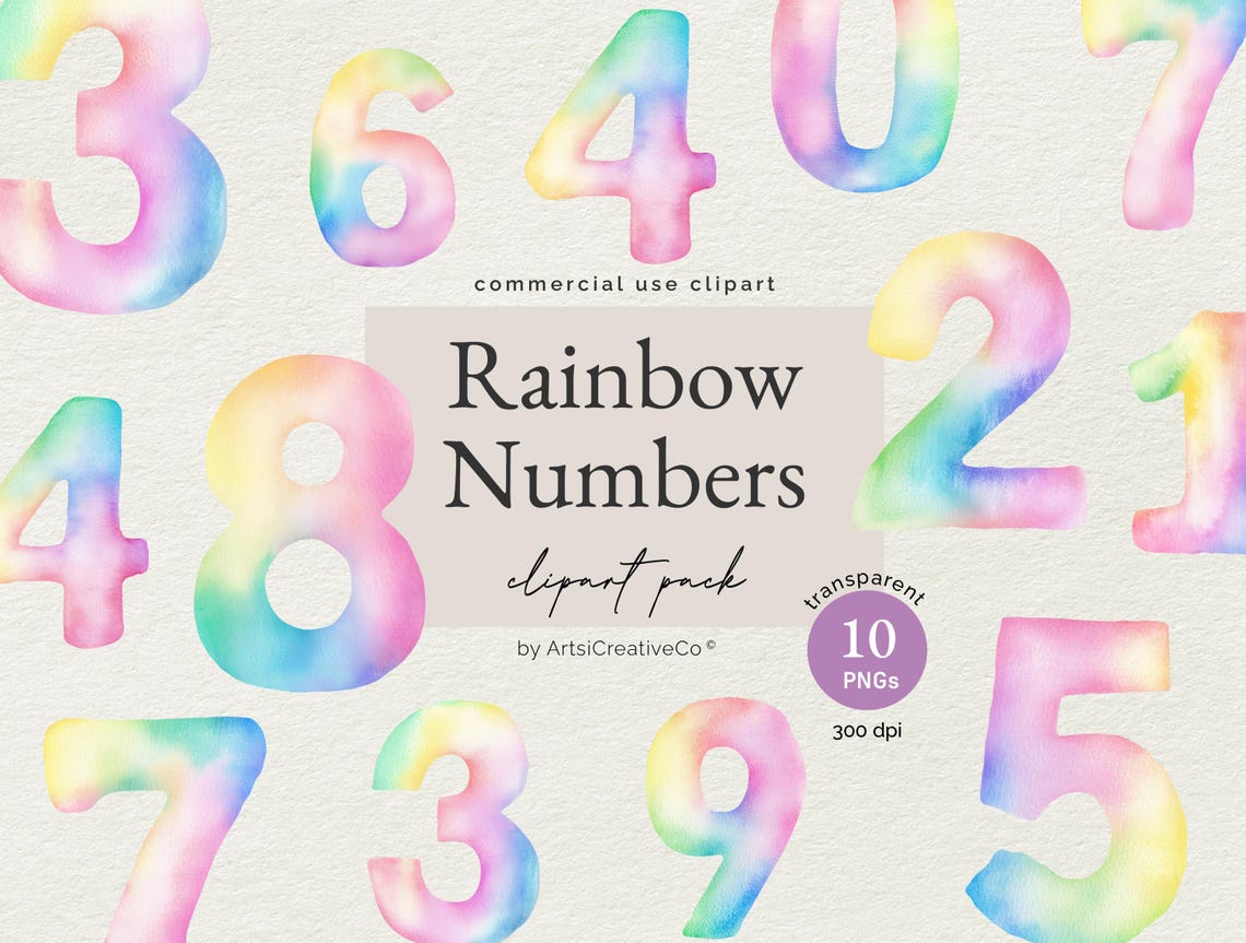 Rainbow Watercolor Numbers Clipart Bundle - Pastel Numbers PNG ...