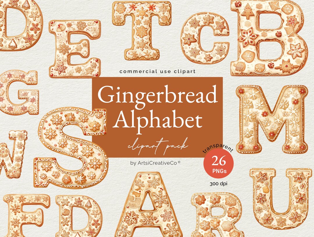 Christmas Gingerbread Alphabet Clipart, Holiday Cookie Letters, Cookie ...