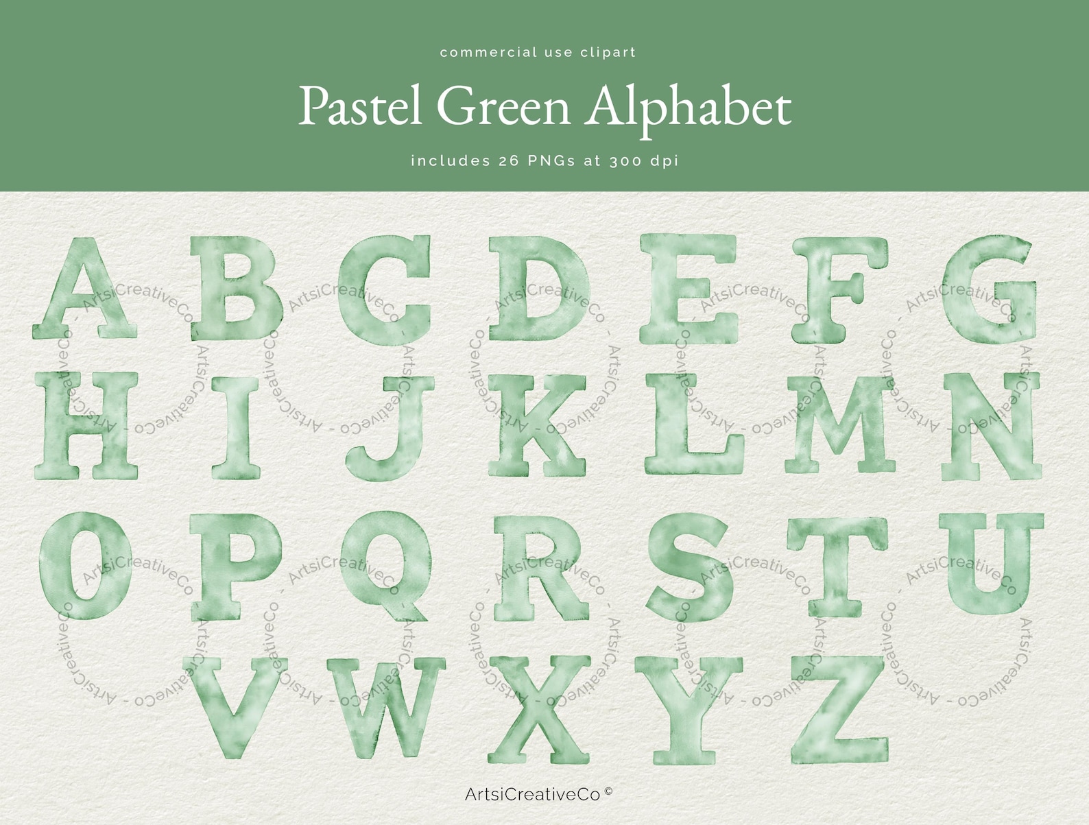 Pastel Green Alphabet Clipart, Watercolor Letters, Digital Alphabet ...