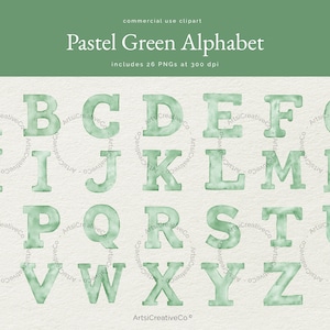 Pastel Green Alphabet Clipart, Watercolor Letters, Digital Alphabet ...