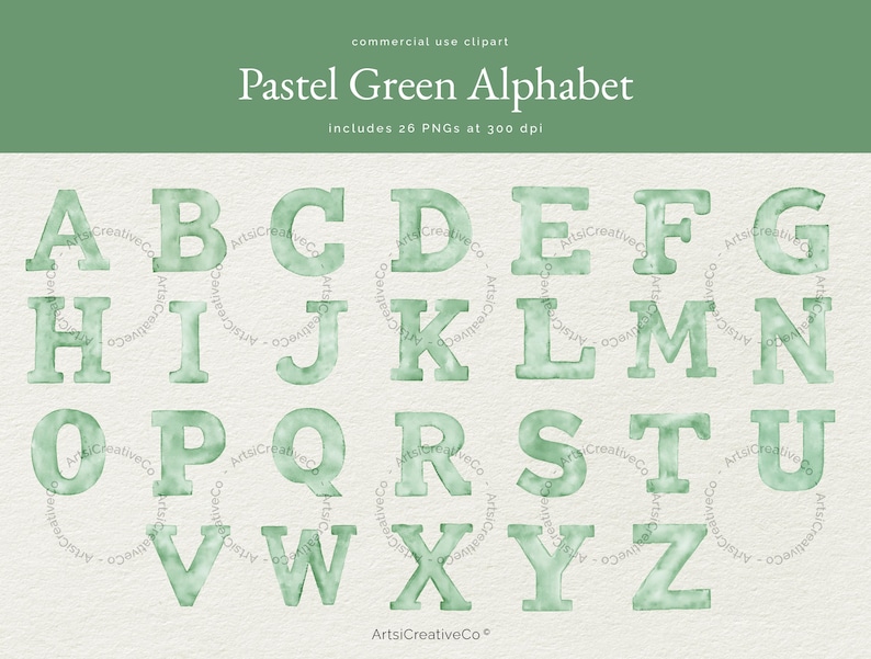 Pastel Green Alphabet Clipart, Watercolor Letters, Digital Alphabet ...
