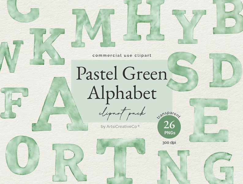 Pastel Green Alphabet Clipart, Watercolor Letters, Digital Alphabet ...