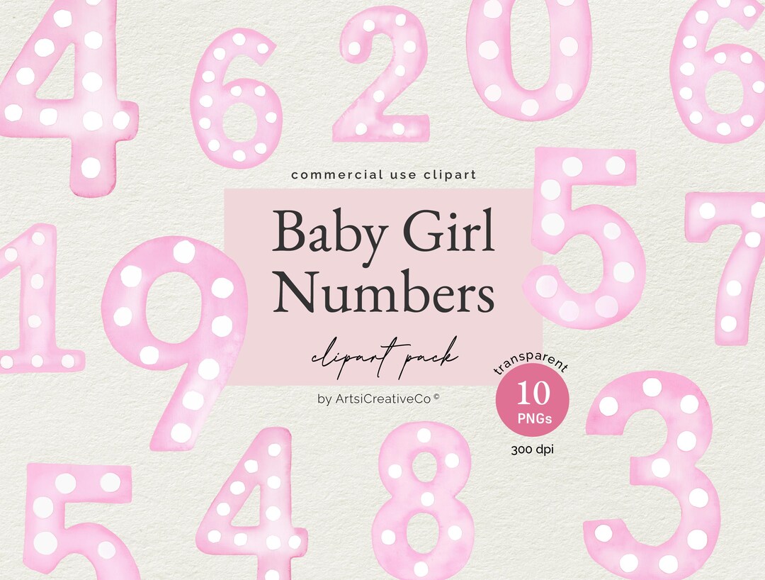 Baby Girl Watercolor Numbers Clipart Bundle- Pastel Pink Polka Dot ...