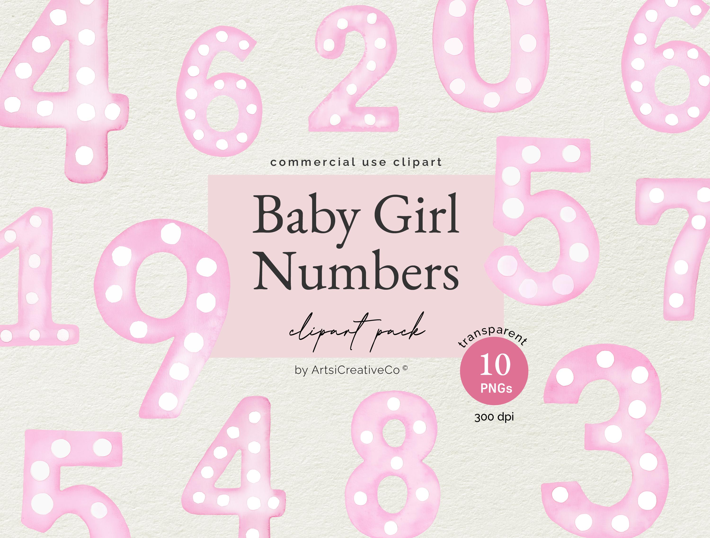 Baby Girl Watercolor Numbers Clipart Bundle- Pastel Pink Polka Dot ...