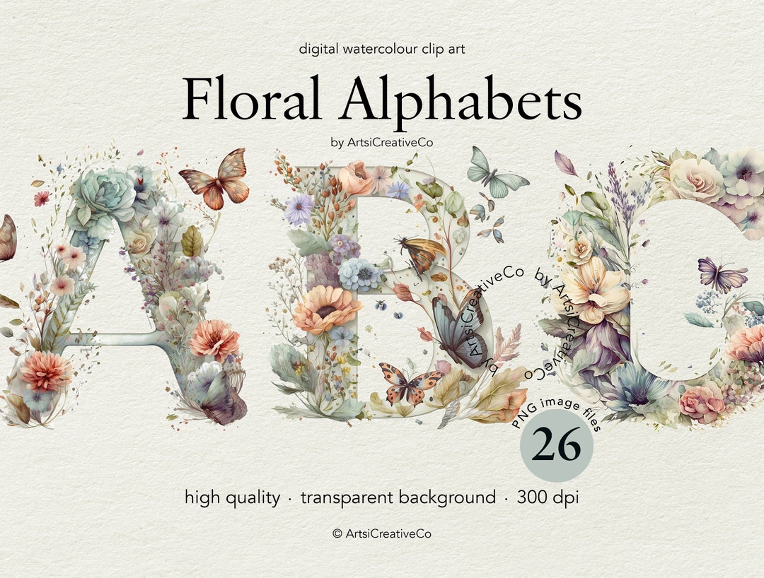 Floral Alphabets Letters Clipart PNG Bundle, 26 Floral Letters Clipart ...