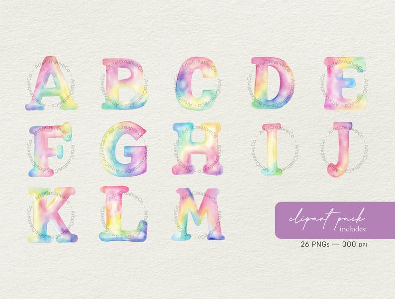 Rainbow Watercolor Alphabet Clipart Bundle - Pastel Letters A-Z PNG ...