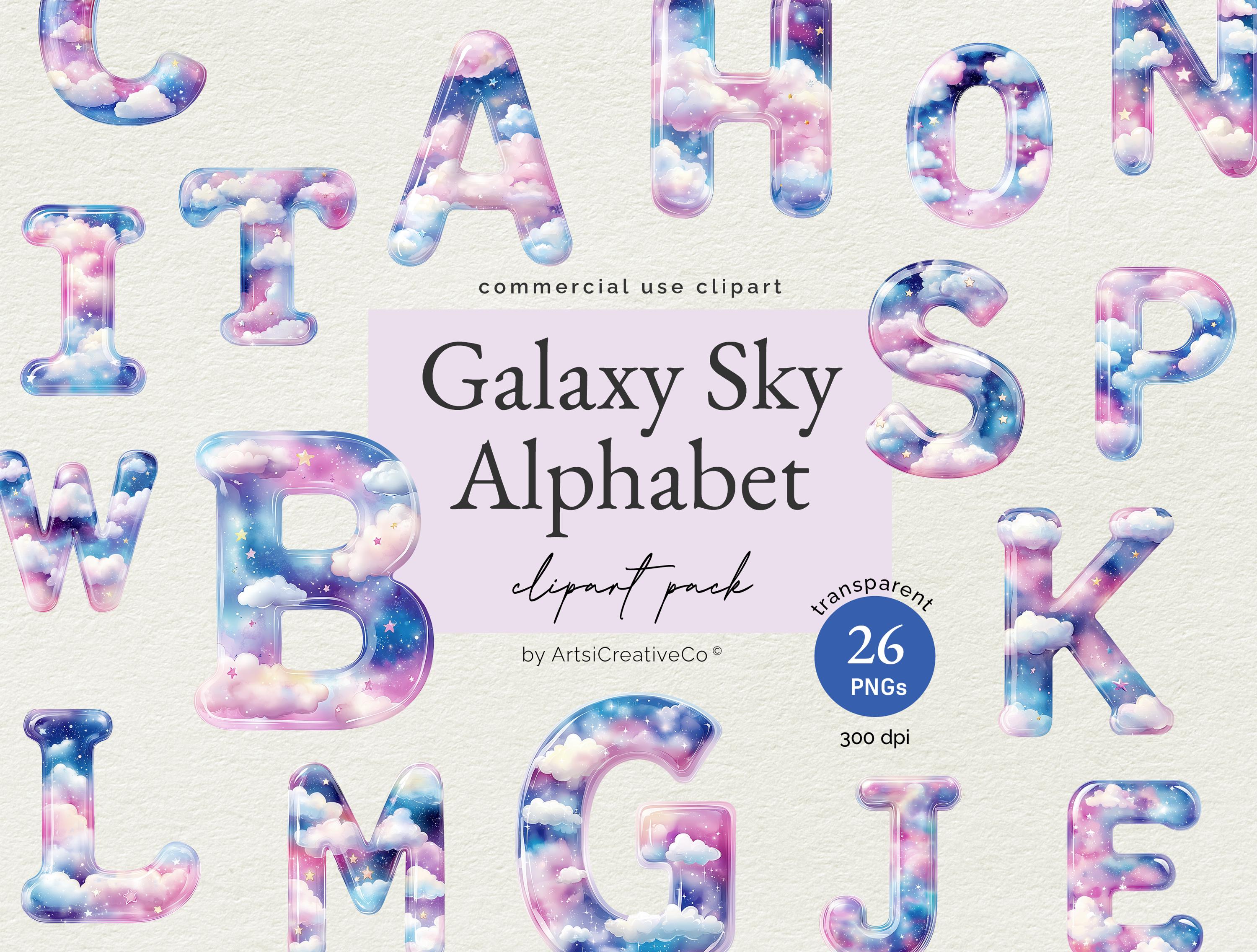 Galaxy Alphabet Clipart PNG, Cosmic Letters With Clouds, Nursery Decor ...