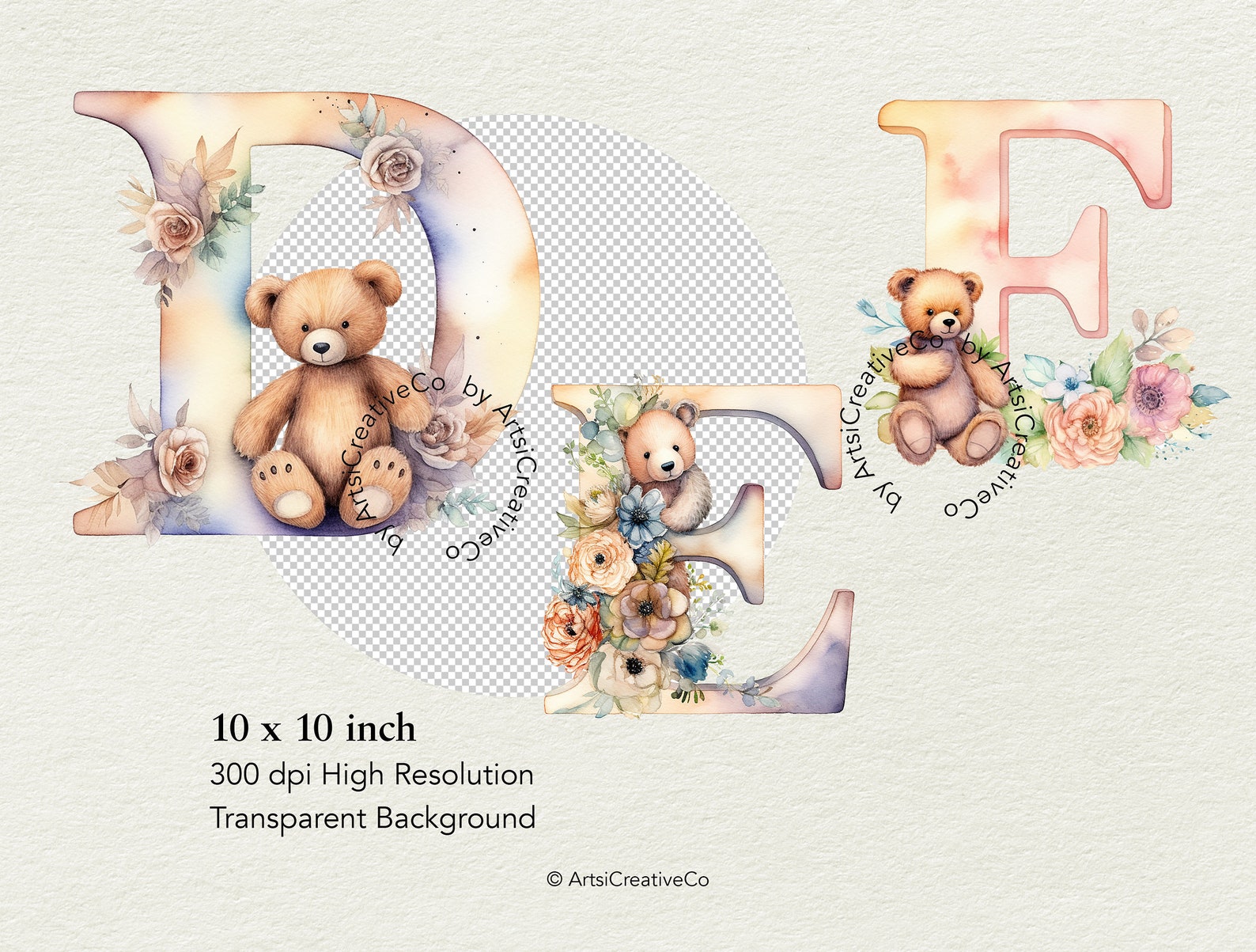 Teddy Bear Floral Alphabet Letters Clipart PNG Bundle, Teddy Bear ...
