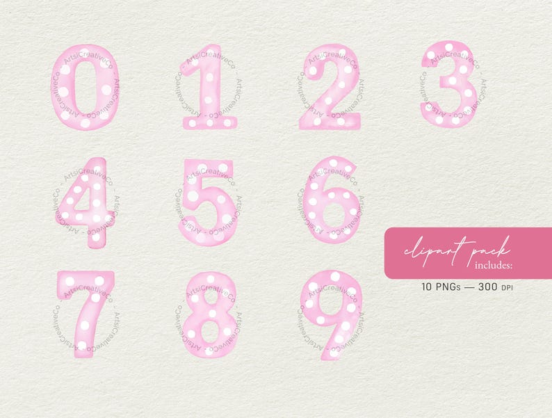 Baby Girl Watercolor Numbers Clipart Bundle- Pastel Pink Polka Dot ...