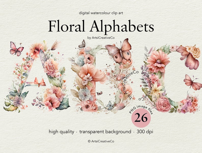 Floral Alphabet Letters Clipart PNG Bundle, Floral Letters, Floral ...