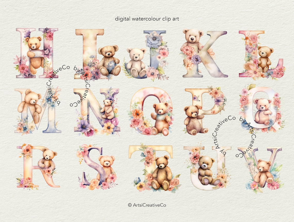 Teddy Bear Floral Alphabet Letters Clipart PNG Bundle, Teddy Bear ...