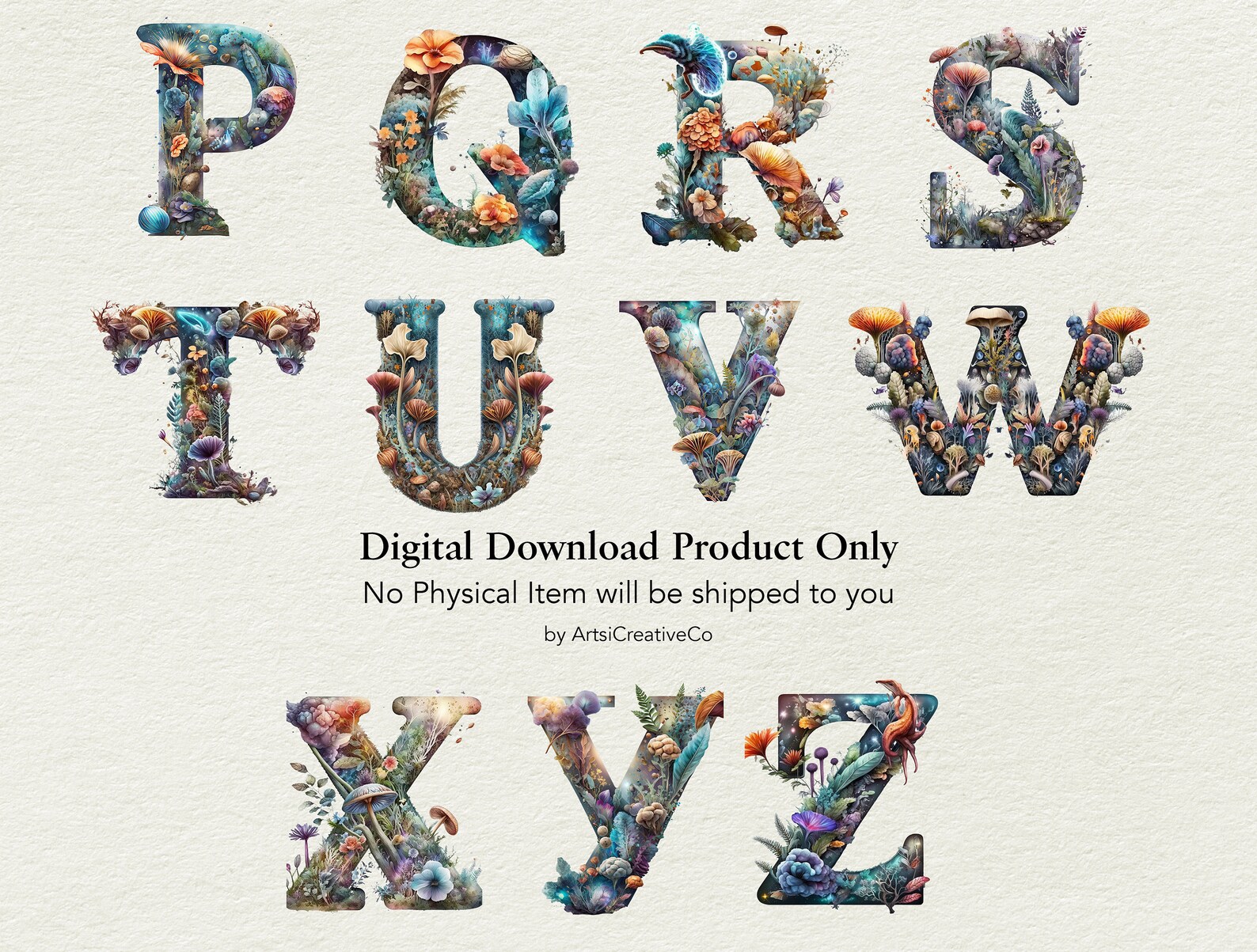 Fantasy Forest Floral Alphabets Letters Clipart PNG Bundle, 26 Floral ...