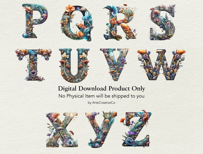 Fantasy Forest Floral Alphabets Letters Clipart PNG Bundle, 26 Floral ...