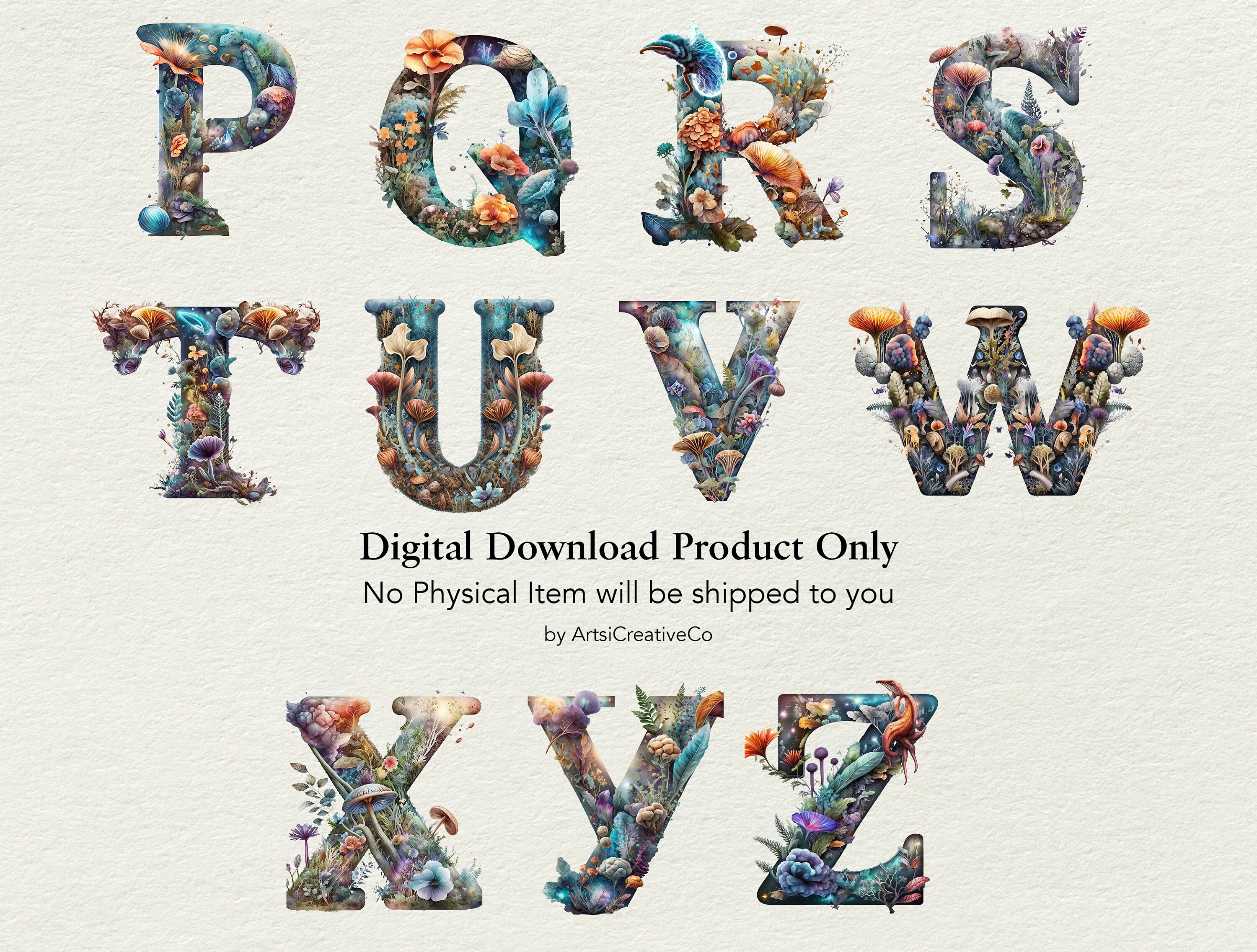 Fantasy Forest Floral Alphabets Letters Clipart PNG Bundle, 26 Floral ...