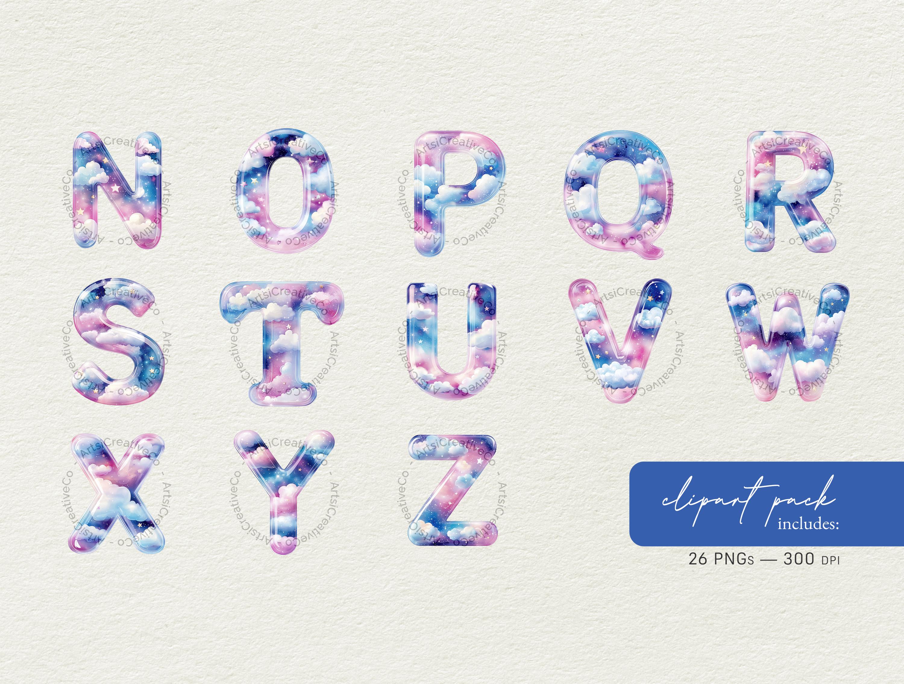 Galaxy Alphabet Clipart PNG, Cosmic Letters With Clouds, Nursery Decor ...