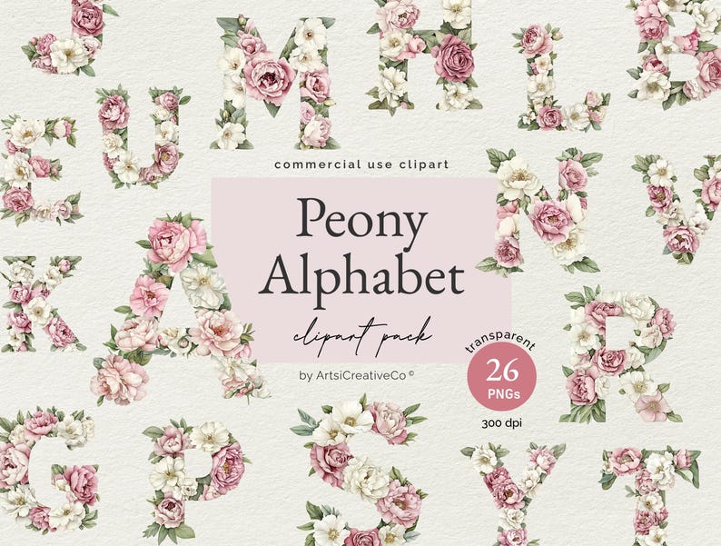 Peony Alphabet Clipart PNG - Floral Letters for Scrapbooking ...