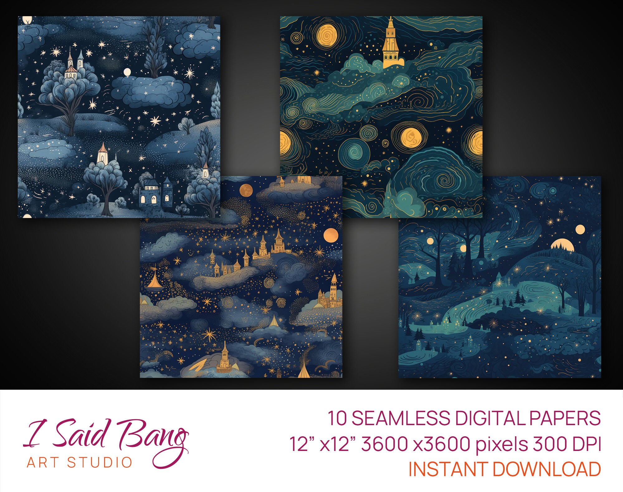 Fairytale Starry Night Seamless Digital Papers, Scrapbook Papers ...