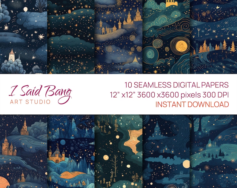 Fairytale Starry Night Seamless Digital Papers, Scrapbook Papers ...
